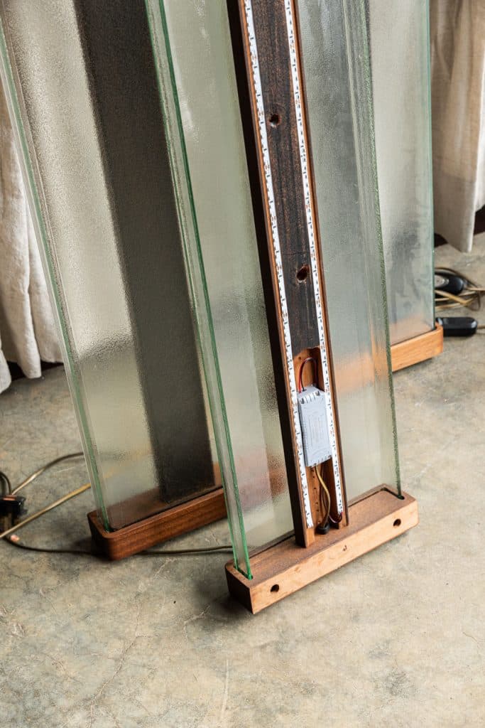 Reclaimed Channel Glass & Iroko Wall Lights #8688 - Retrouvius